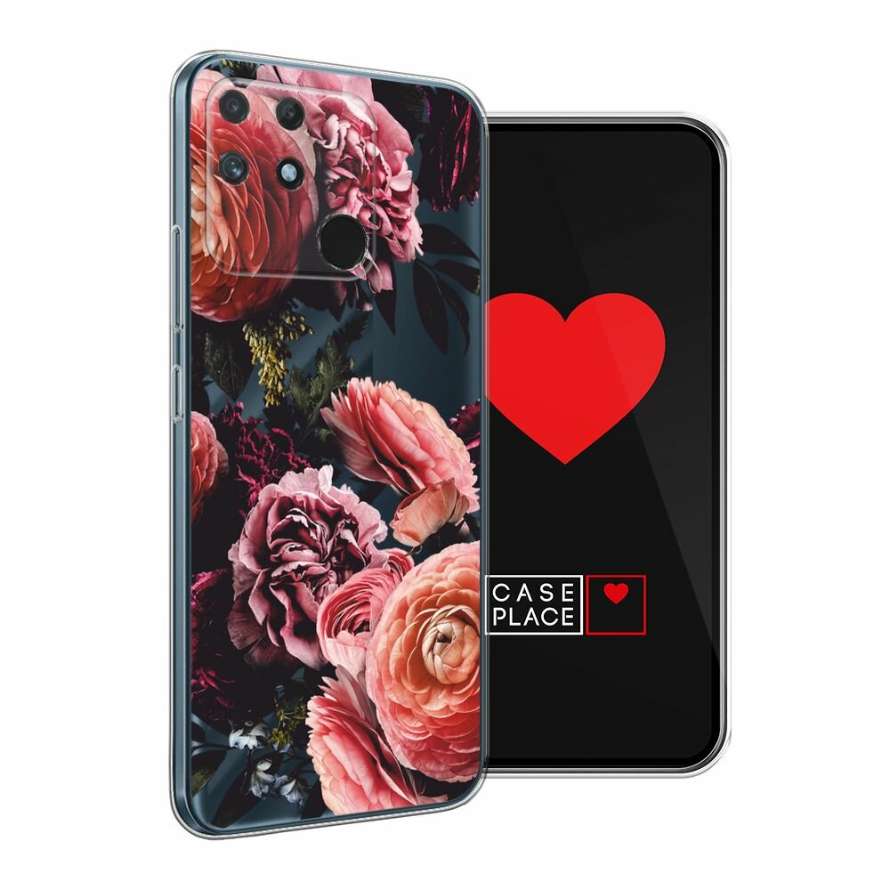 Чехол на Realme Narzo 50A / Реалми Нарзо 50A с принтом "Бордовые винтажные цветы", прозрачный — фото 1