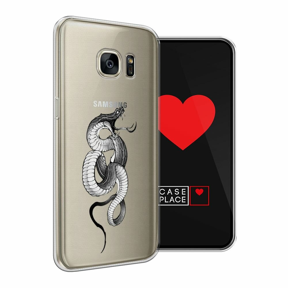 Чехол на Samsung Galaxy S7 / Самсунг Галакси С 7 с принтом Монохромная змея рисунок, прозрачный — фото 1