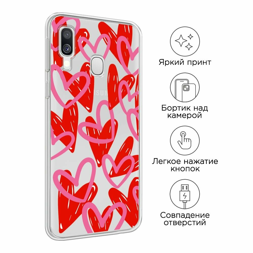 Чехол на Samsung Galaxy A40 / Самсунг Галакси А40 с принтом "Hearts doodles - 14 февраля", прозрачный — фото 1