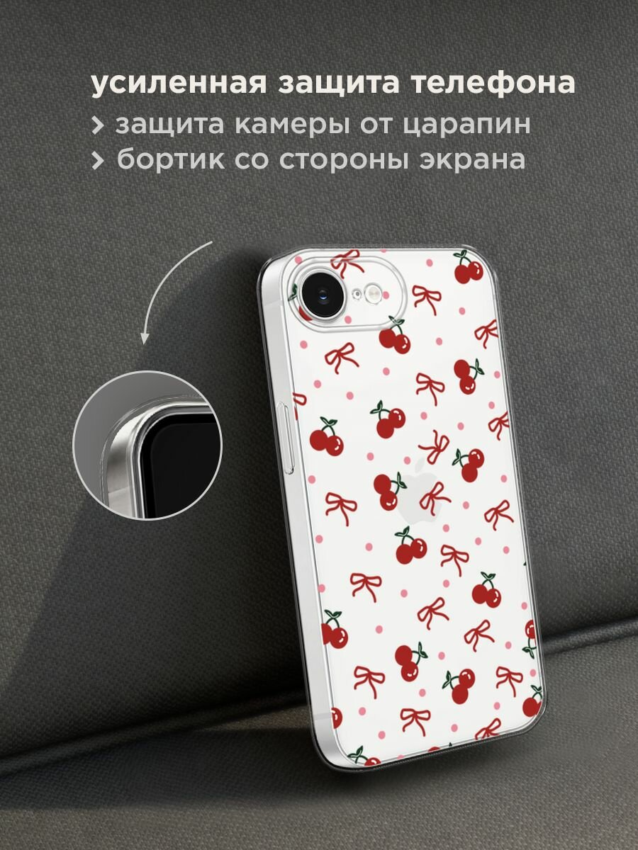 Чехол на Apple iPhone 16e/17e / Айфон 16е/17e с принтом "Вишни и ленточки", прозрачный — фото 1