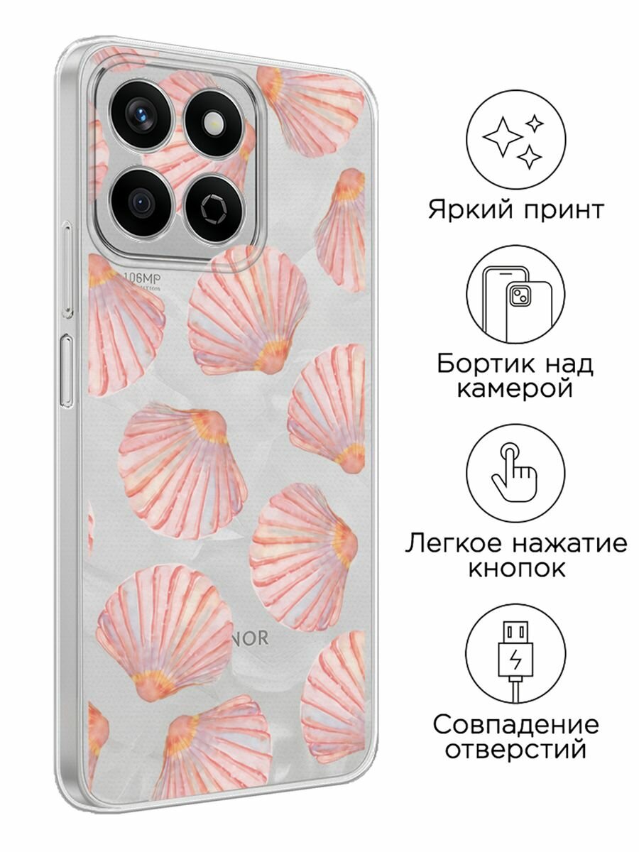 Чехол на Honor X7c / Хонор X7c с принтом "Ракушки паттерн", прозрачный — фото 1