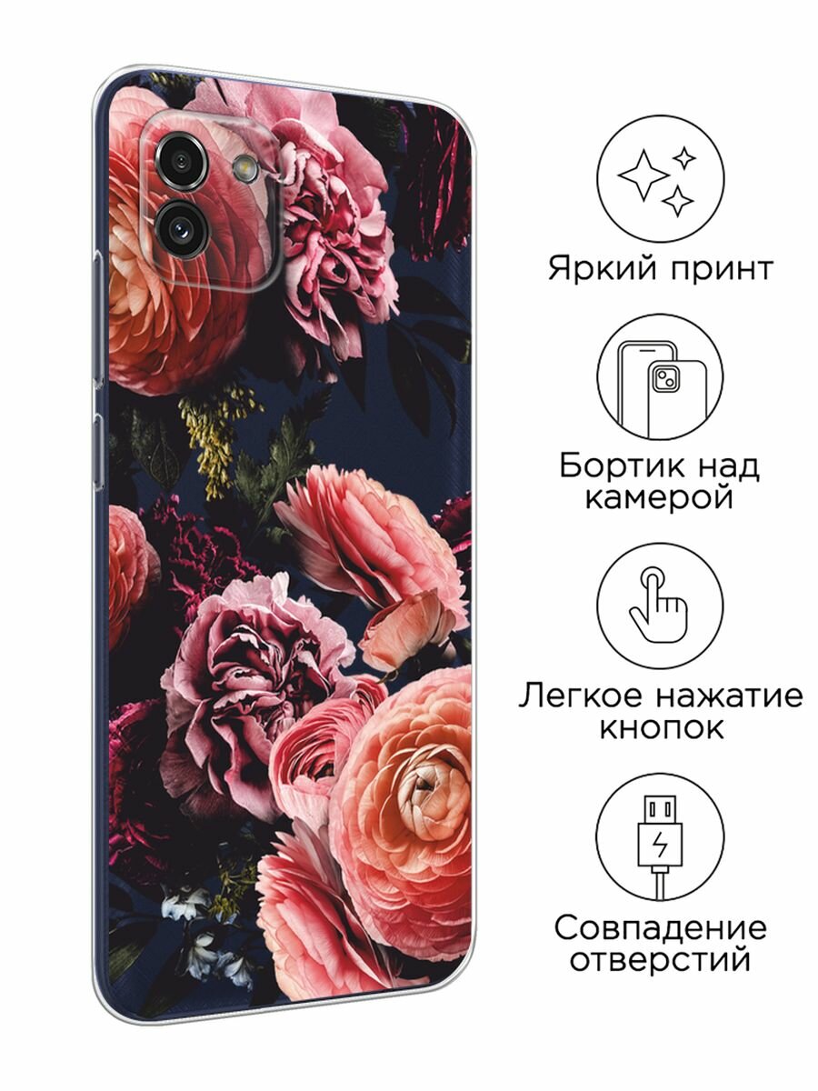 Чехол на Samsung Galaxy A03 / Самсунг Галакси А03 с принтом "Бордовые винтажные цветы", прозрачный — фото 1