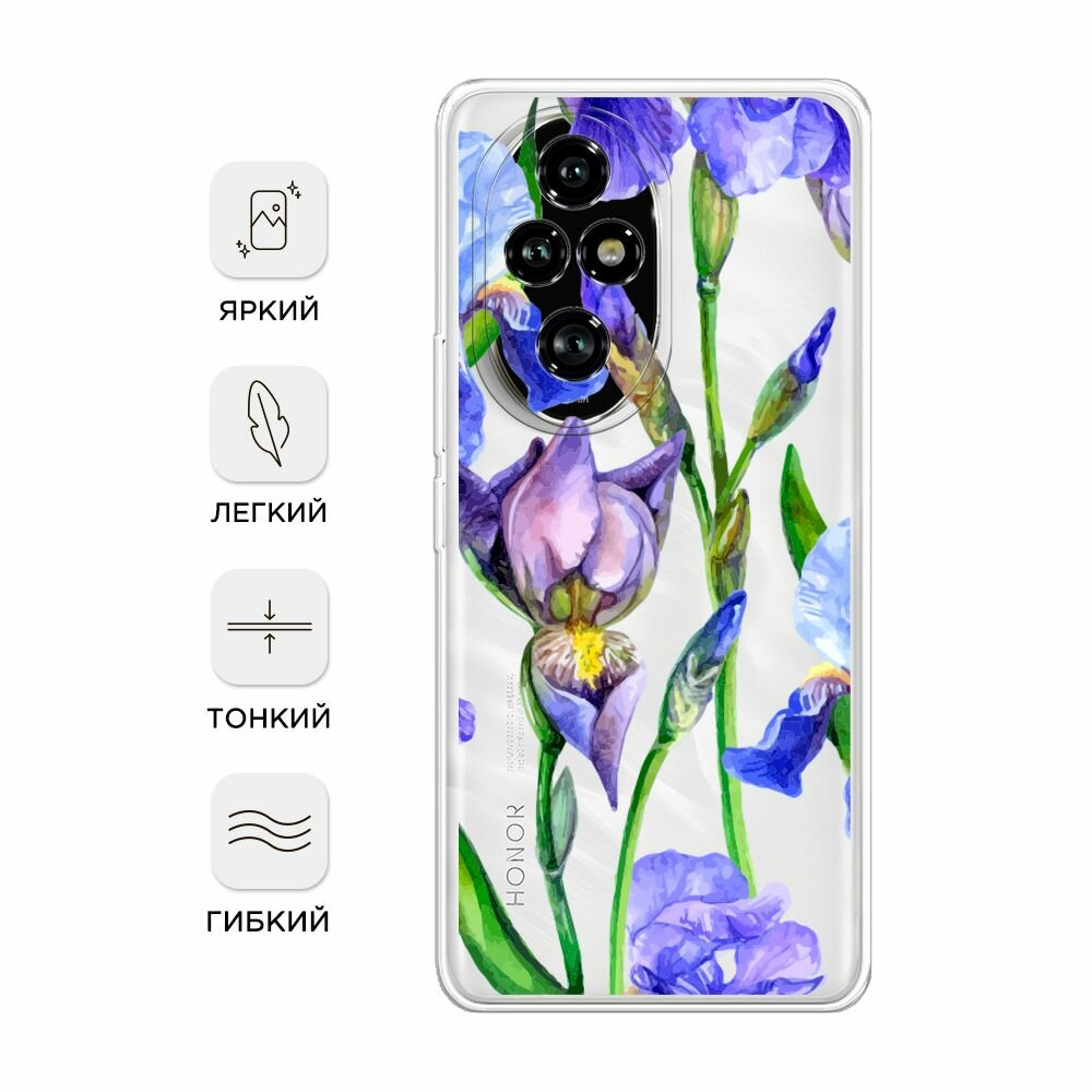 Чехол на Honor 200 Pro / Хонор 200 Про с принтом "Синие ирисы", прозрачный — фото 1