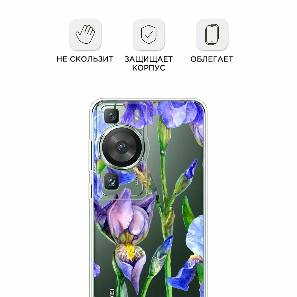 Чехол на Huawei P60/P60 Pro / Хуавей P60/P60 Про с принтом "Синие ирисы", прозрачный — фото 1