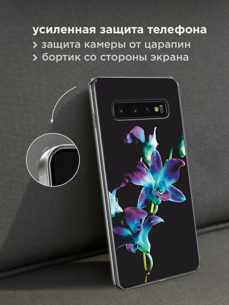 Чехол на Samsung Galaxy S10 + / Самсунг Галакси S10 Плюс с принтом "Синий цветок на черном" — фото 1