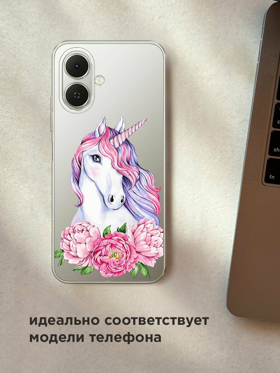 Чехол на Tecno Spark Go 2 / Текно Спарк Го 2 с принтом "Единорог с пионами", прозрачный — фото 1