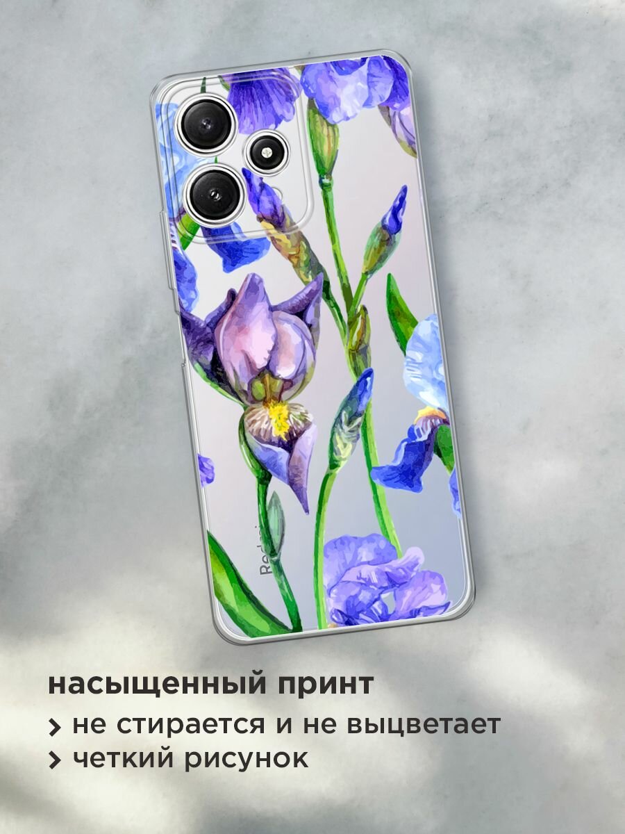 Чехол на Xiaomi Redmi 12 / Сяоми Редми 12 с принтом "Синие ирисы", прозрачный — фото 1