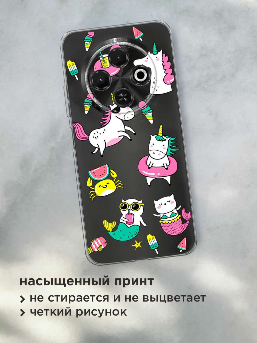 Чехол на Tecno Spark 30C / Текно Спарк 30C с принтом "Единороги в отпуске", прозрачный — фото 1