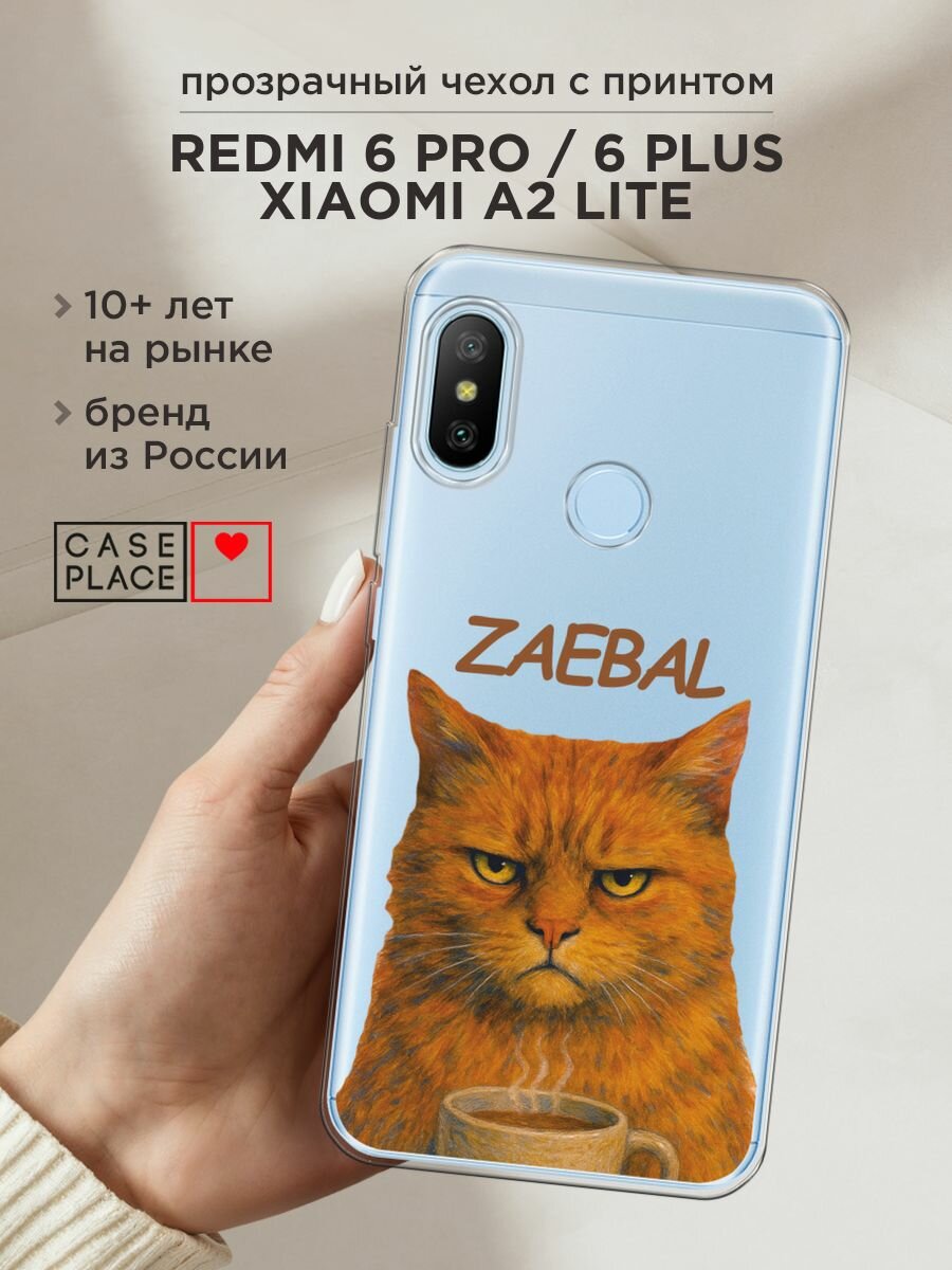 Чехол на Xiaomi Redmi 6 Pro/6 Plus/Mi A2 Lite / Сяоми Редми 6 Про с принтом "Рыжий кот с надписью", прозрачный