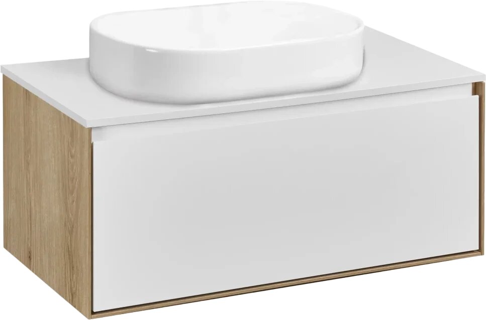 Тумба с раковиной AQUATON Либерти 90 подвесная, 89 см, накладная, белая, светлое дерево, глянцевая, из ЛДСП, с ящиками, прямоугольная