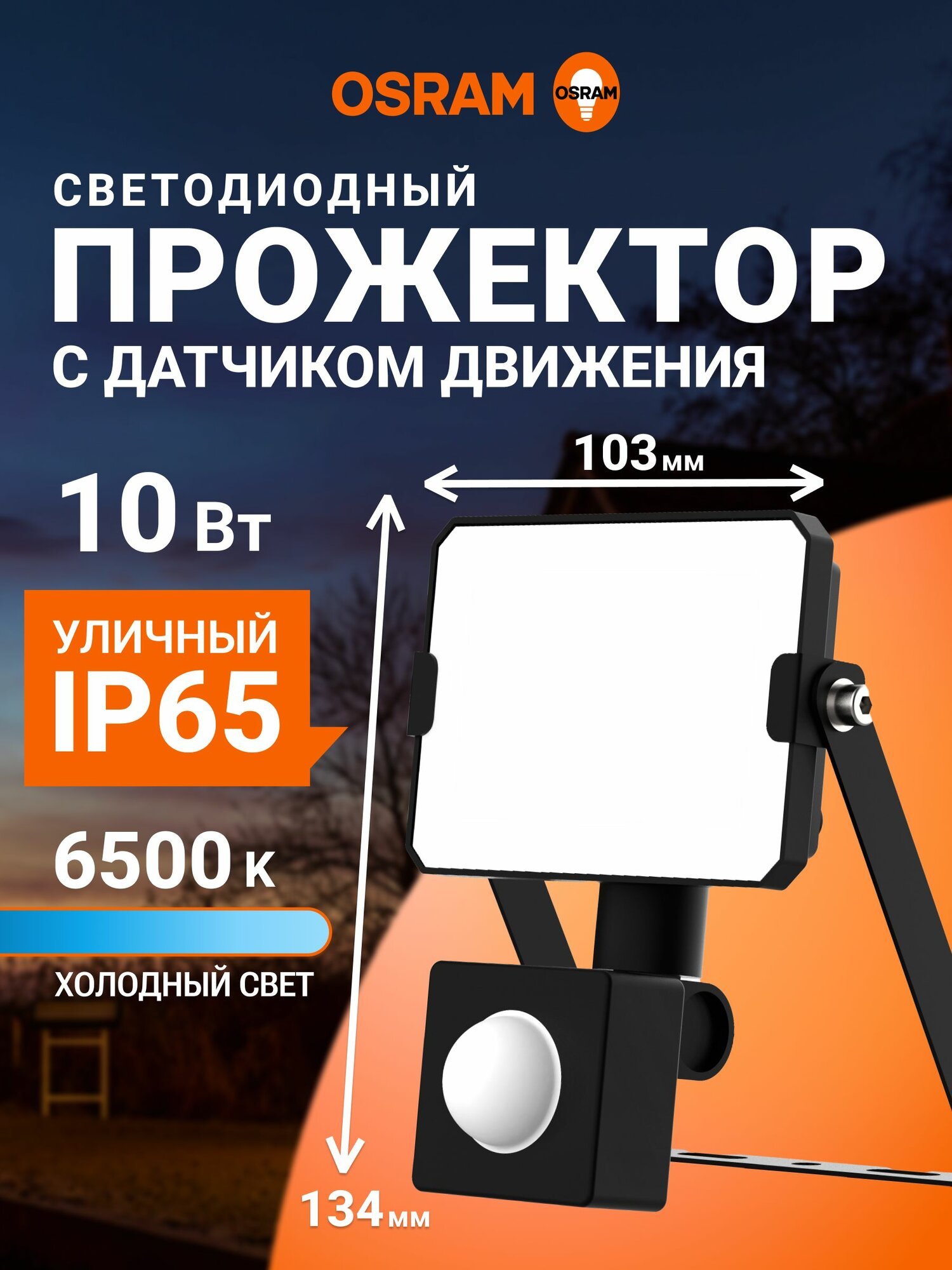Прожектор светодиодный уличный с датчиком движения OSRAM, 10 Вт, 6500К холодный белый свет, IP65