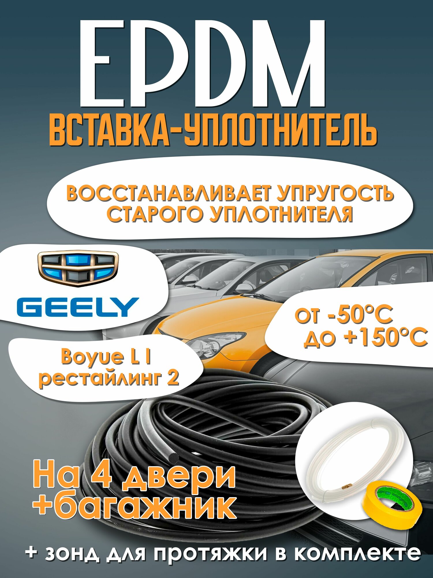 EPDM вставка-уплотнитель для дверей автомобиля Geely Boyue L I рестайлинг 2 (2025) / Джили Бойе Л 1 поколение рестайлинг 2