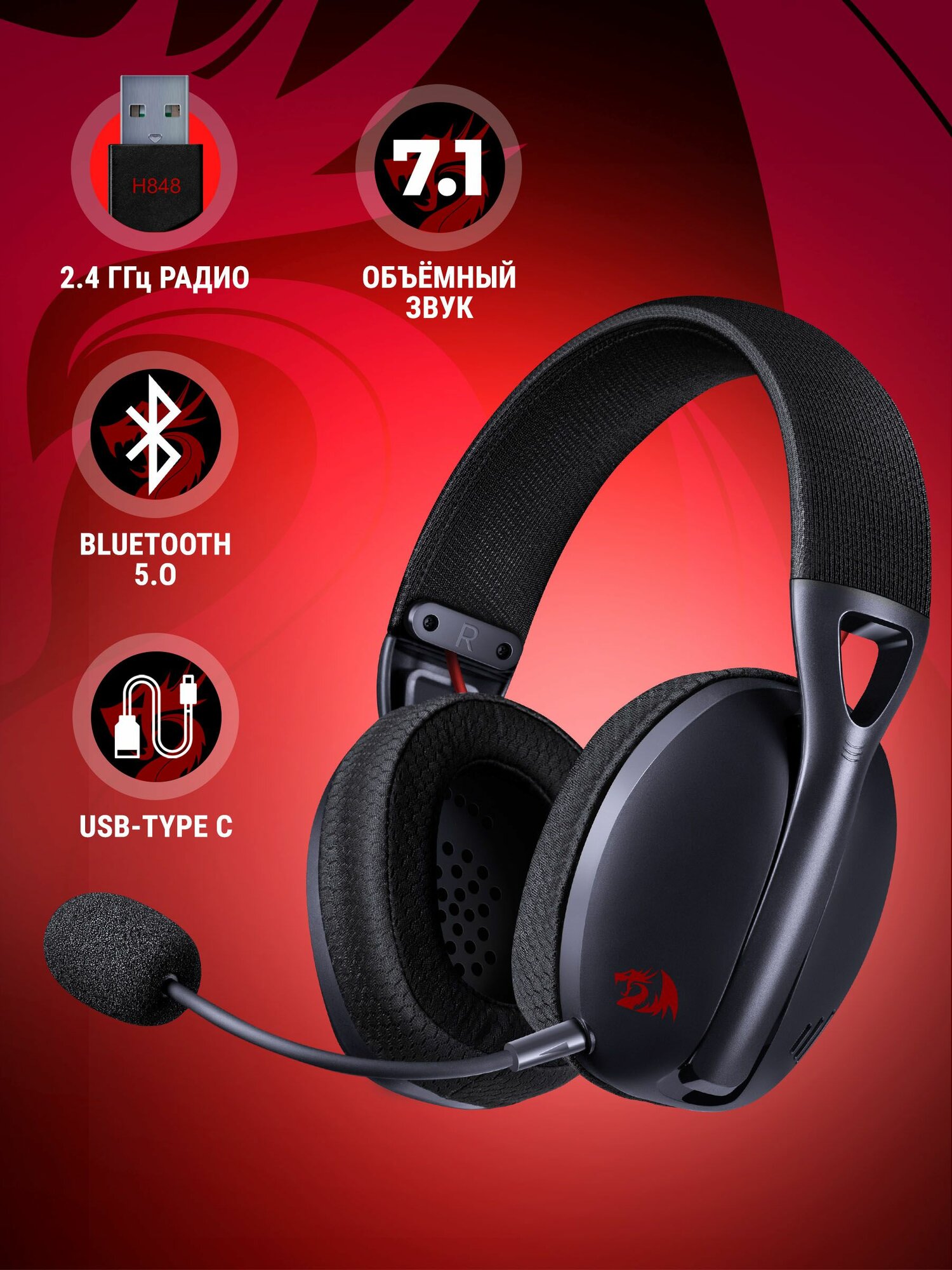 REDRAGON Игровые наушники беспроводные с микрофоном Ire Pro