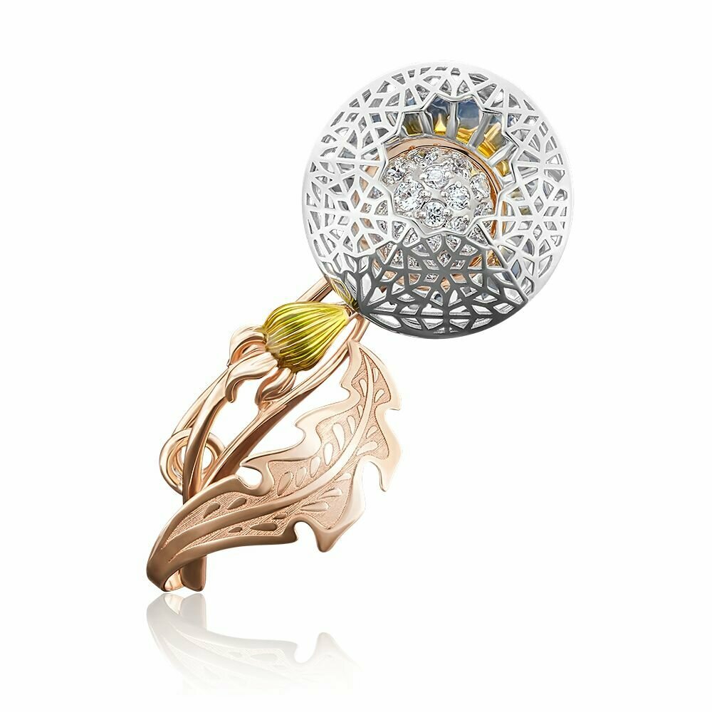 Брошь, комбинированное золото, 585 проба, родирование, эмаль, фианит