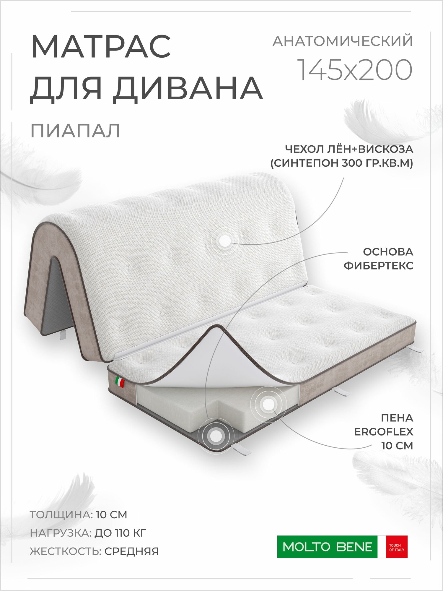 Матрас для дивана аккордеон 145х137х10,145х62х10 см.(145х200х10), анатомический пиапал, беспружинный