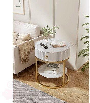 Прикроватная тумбочка круглая с выдвижным ящиком и столешницей из керамики (белый ребристый 50 см см с полкой)