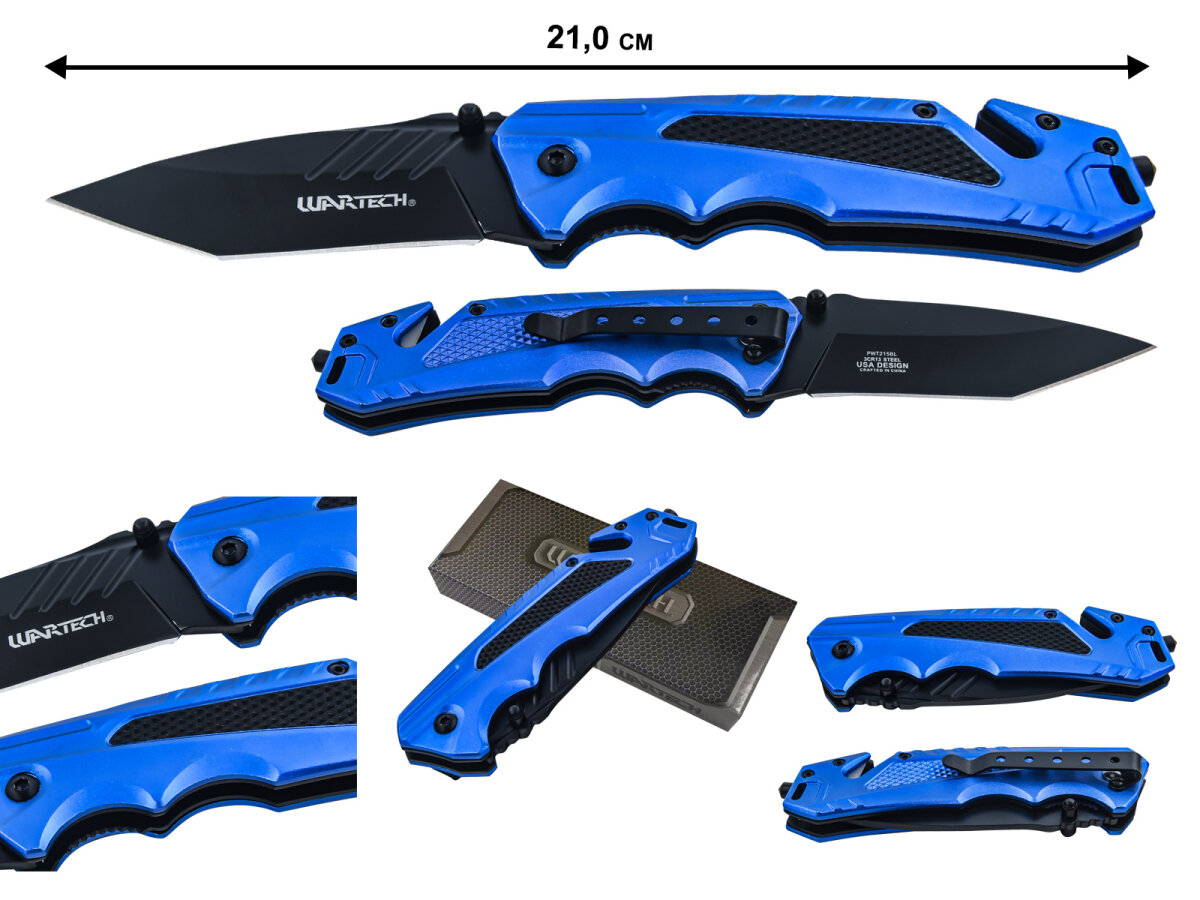Складной нож танто Wartech PWT215BL (синий); сталь 3Cr13; длина клинка 8.5 см; общая длина 21 см; стеклобой; стропорез