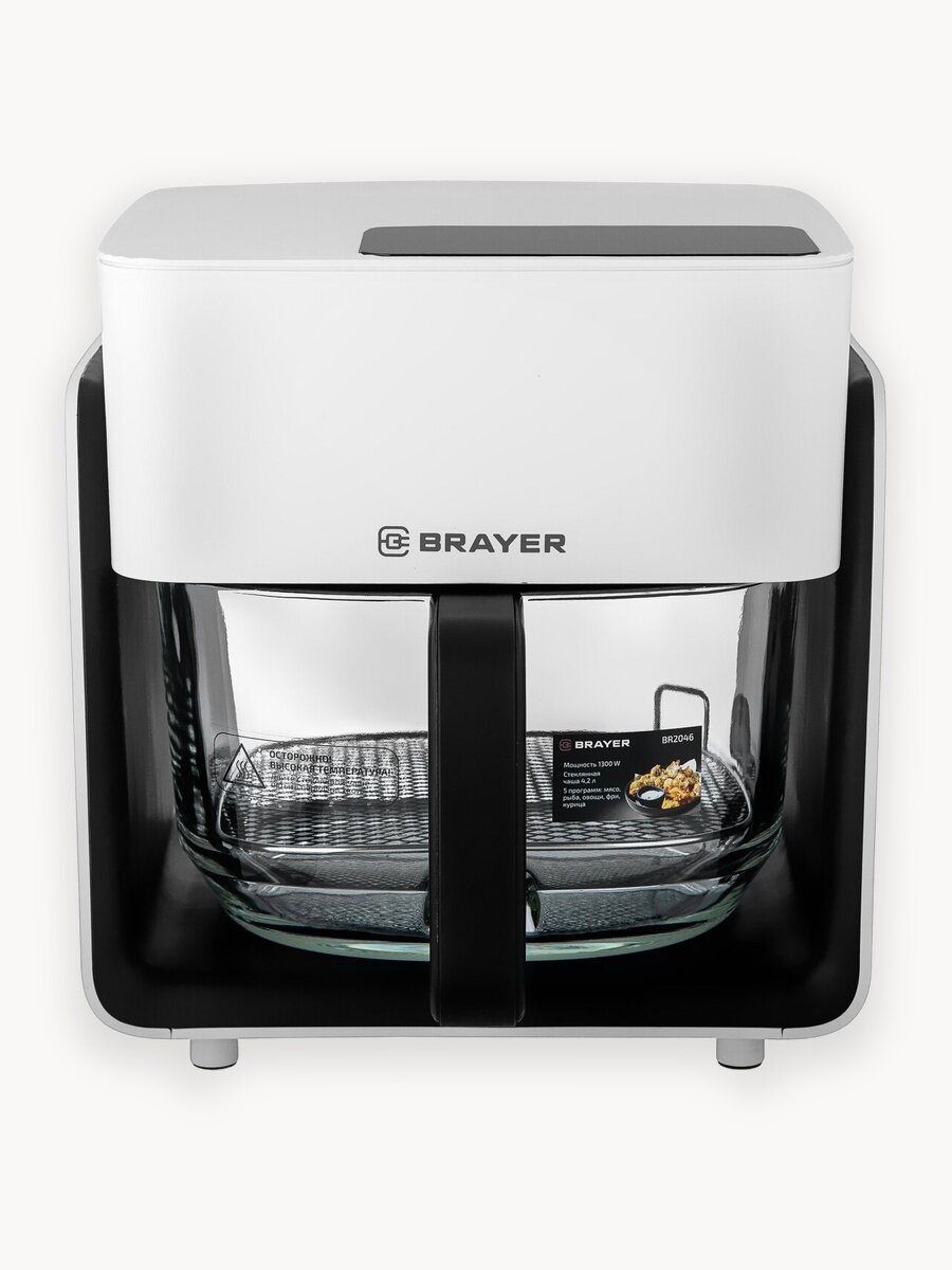 Аэрогриль со стеклянной чашей BRAYER BR2046, 1300Вт, 4,2л, 5 программ, LCD-дисплей, сенсор, 40–200 °С, таймер, белый
