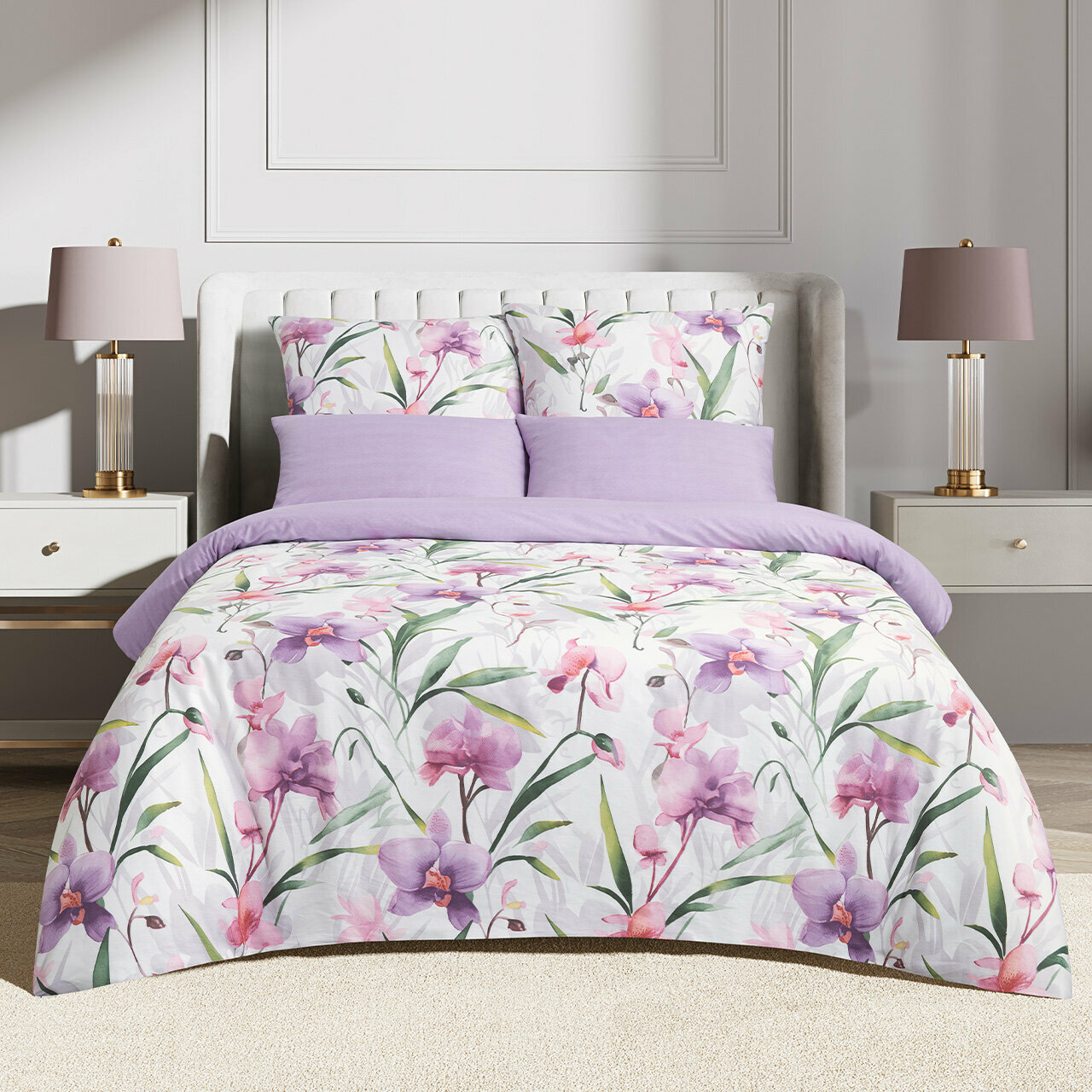 Постельное белье 2-спальное с пододеяльником на молнии Гармоника "Мильтония", сатин, фиолетовый, белый, Ecotex