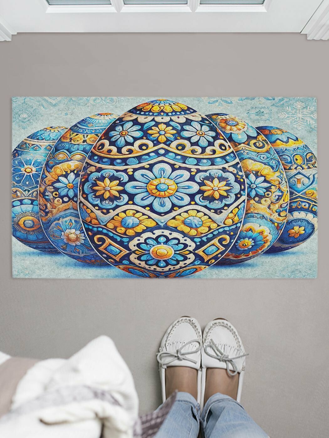 Коврик придверный в прихожую с принтом "Росписные яйца" 45 на 75 см , JoyArty, серия Новый год и Рождество