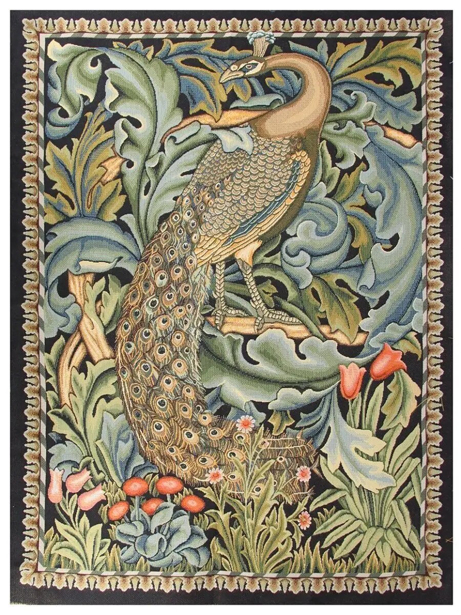 Большой гобелен на стену на подкладке с карманом для карниза Павлин У. Моррис 95х70 см.