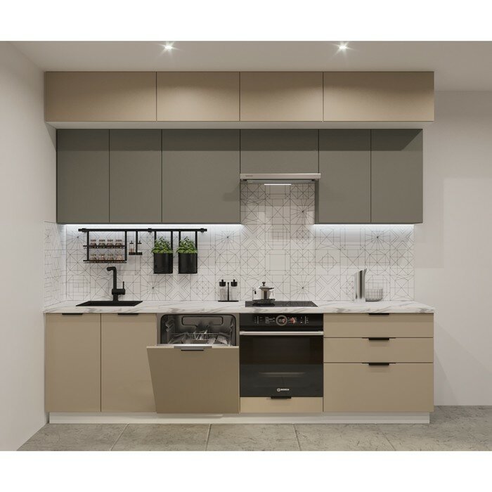 Кухонный гарнитур трёхуровневый в потолок «фаска 16», 2800×600 мм, цвет обсидиан/пикрит