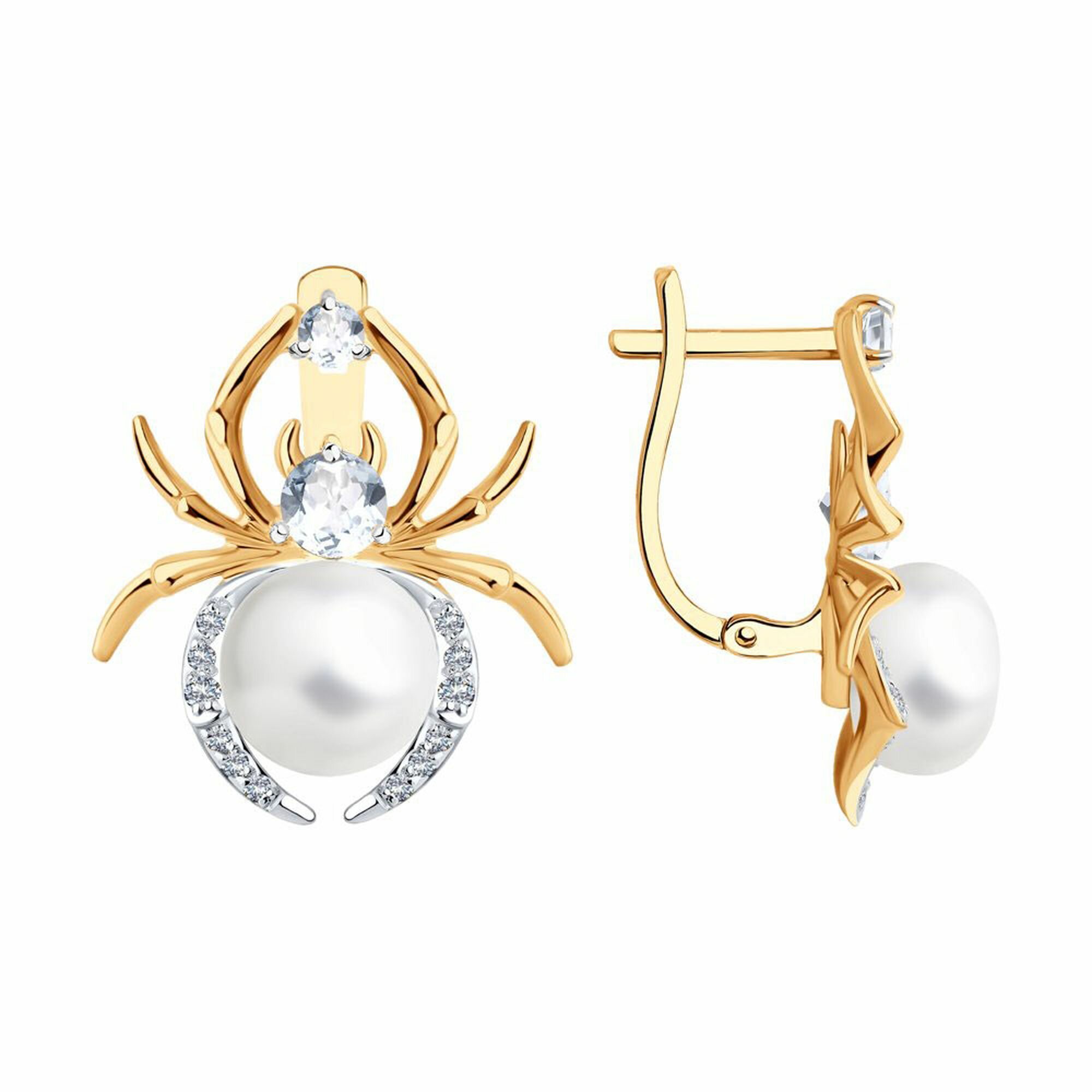 Серьги, красное золото, 585 проба, топаз, фианит, жемчуг