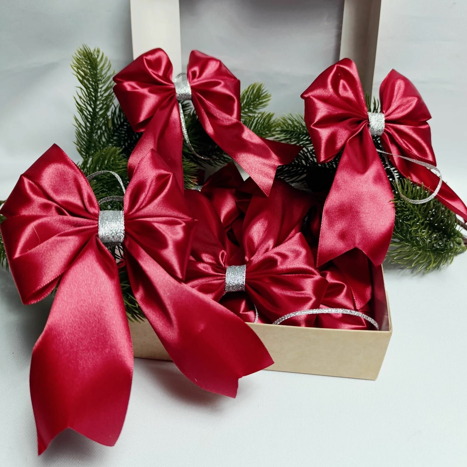 Елочное украшение, набор бантики на елку 6 шт, Вишнёвые(бордовые) с серебряным декором