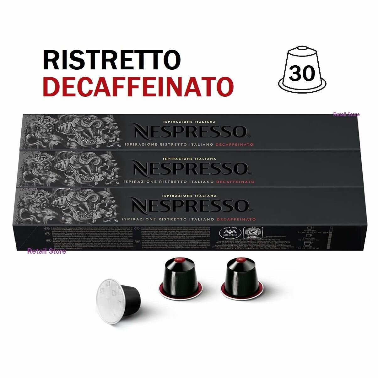 Набор кофе в капсулах Nespresso Ristretto Decaffeinato, 3 упаковки (30 капсул)