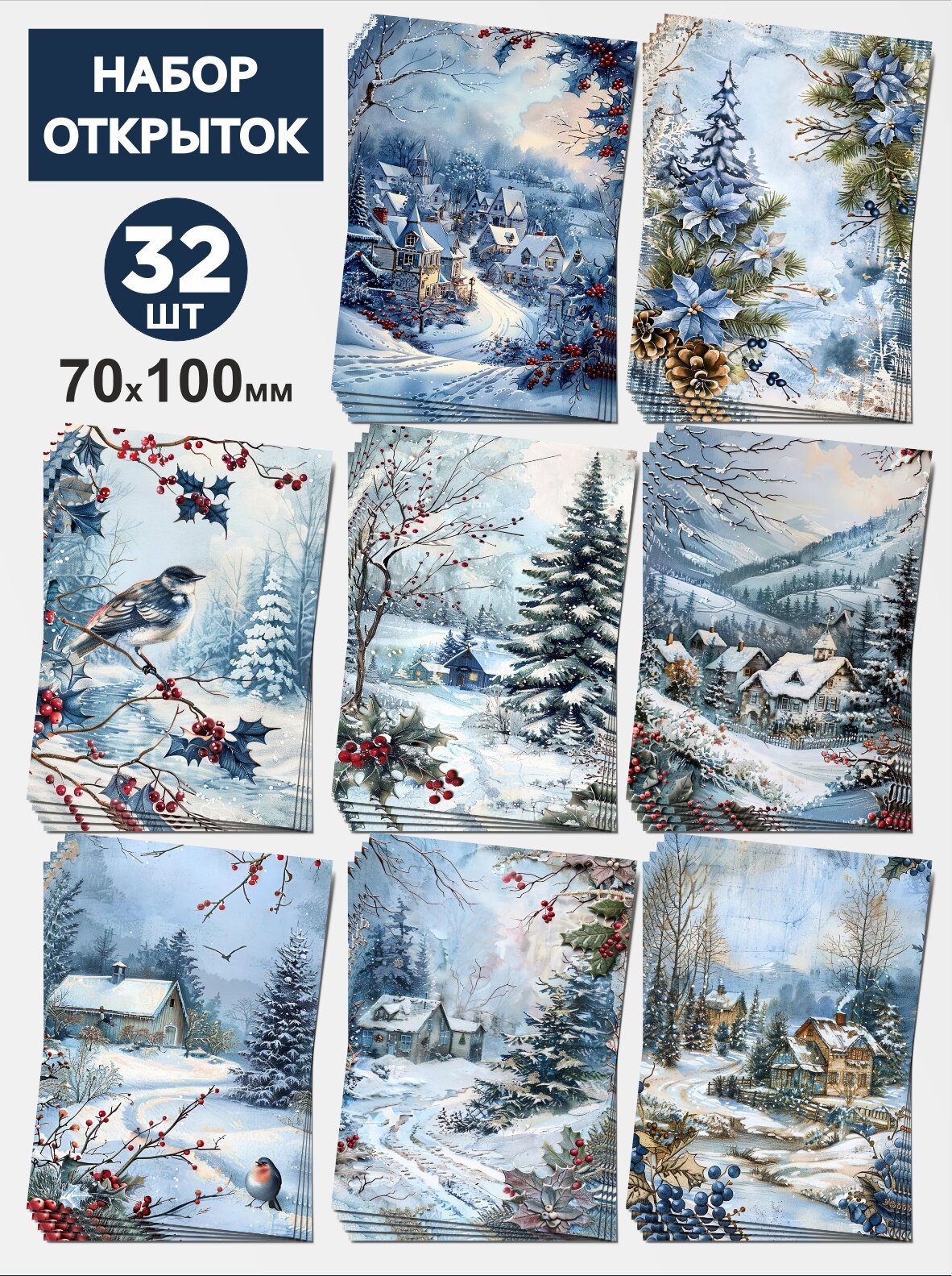 Набор мини-открыток 32 шт, 70х100мм, бирки, карточки, открытки для подарков на Рождество и Новый год, Набор №56, postcard_32_picture_A7_set_56