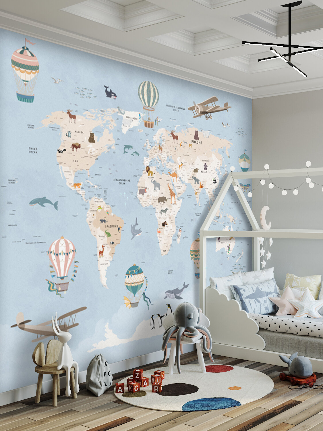 Фотообои детские 300 х 270 см "Карта мира" голубые / обои в детскую комнату, мальчику, девочке
