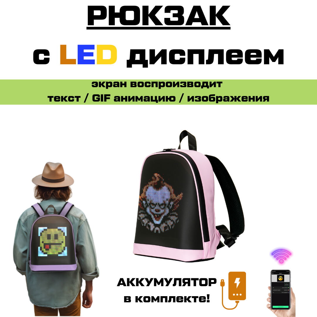 Рюкзак пиксельный Happy Bear молодежный с LED экраном, розовый, 30*26*11 см