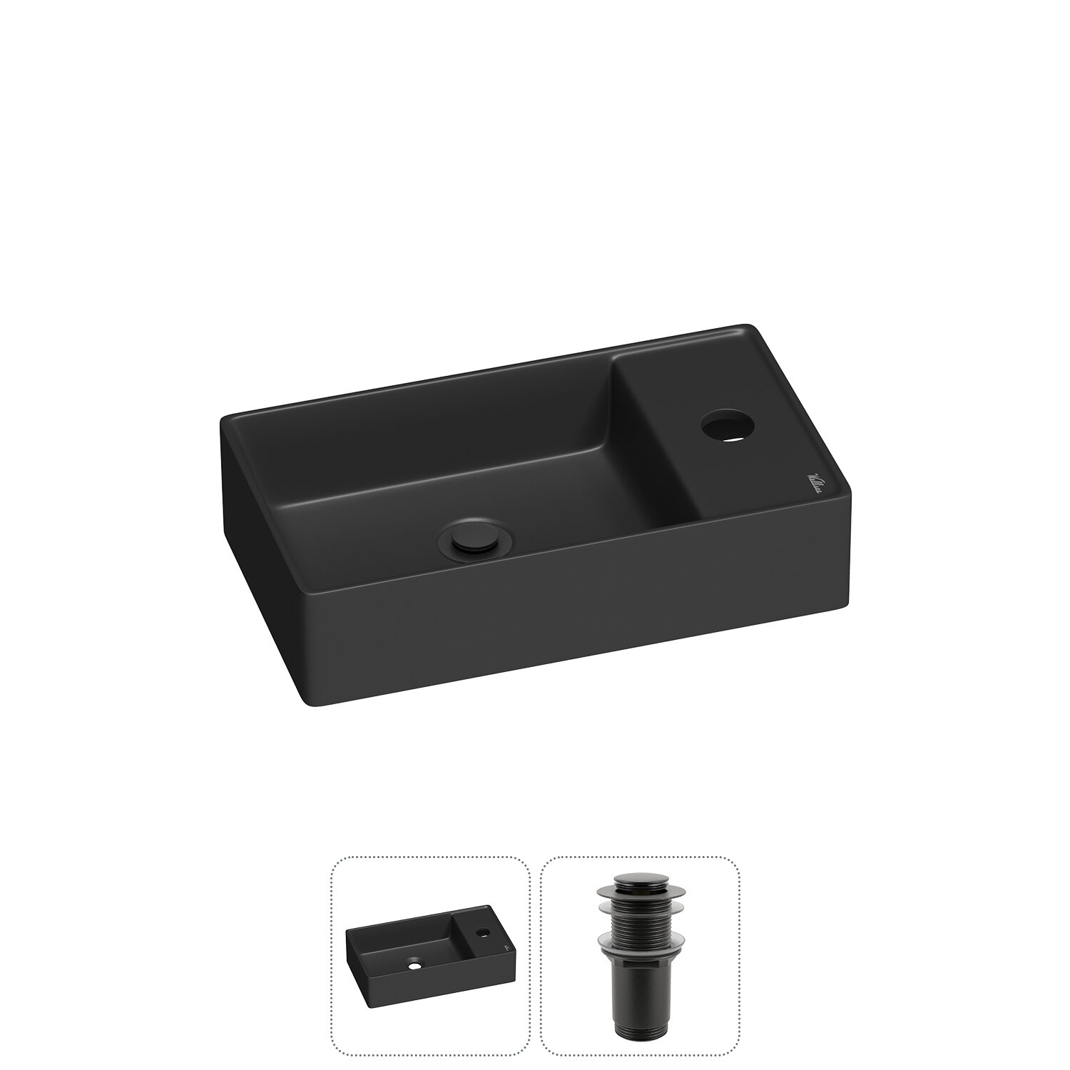 Маленькая раковина в ванную комнату или туалет Wellsee WC Area 20213739R в наборе 2 в 1: подвесная или накладная раковина 41 см в цвете матовый черный, донный клапан в цвете матовый черный