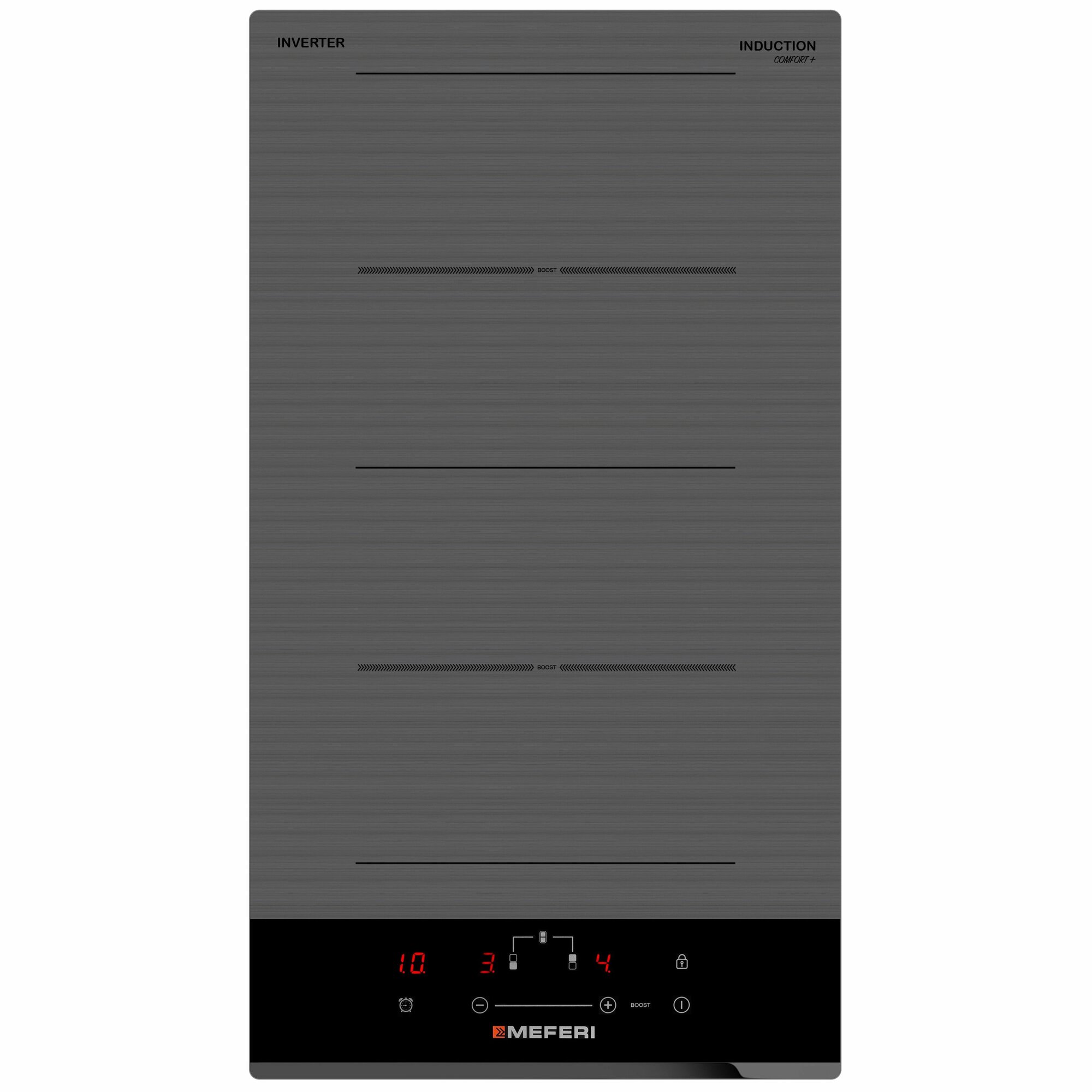 Индукционная варочная панель с инвертором MEFERI MIH302GR COMFORT PLUS 30 см, 2 конфорки, 3500 Вт, быстрый нагрев Boost, объединение конфорок Flex Zone, непрерывный нагрев, слайдерное управление