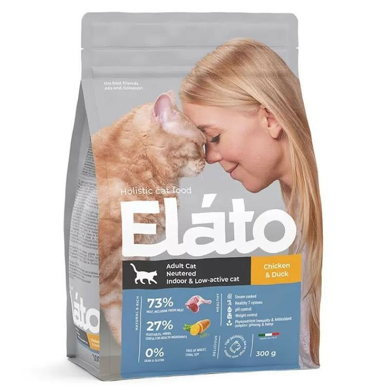 Сухой корм Elato Holistic для кастрированных, стерилизованных и малоактивных кошек с курицей и уткой (300 г)