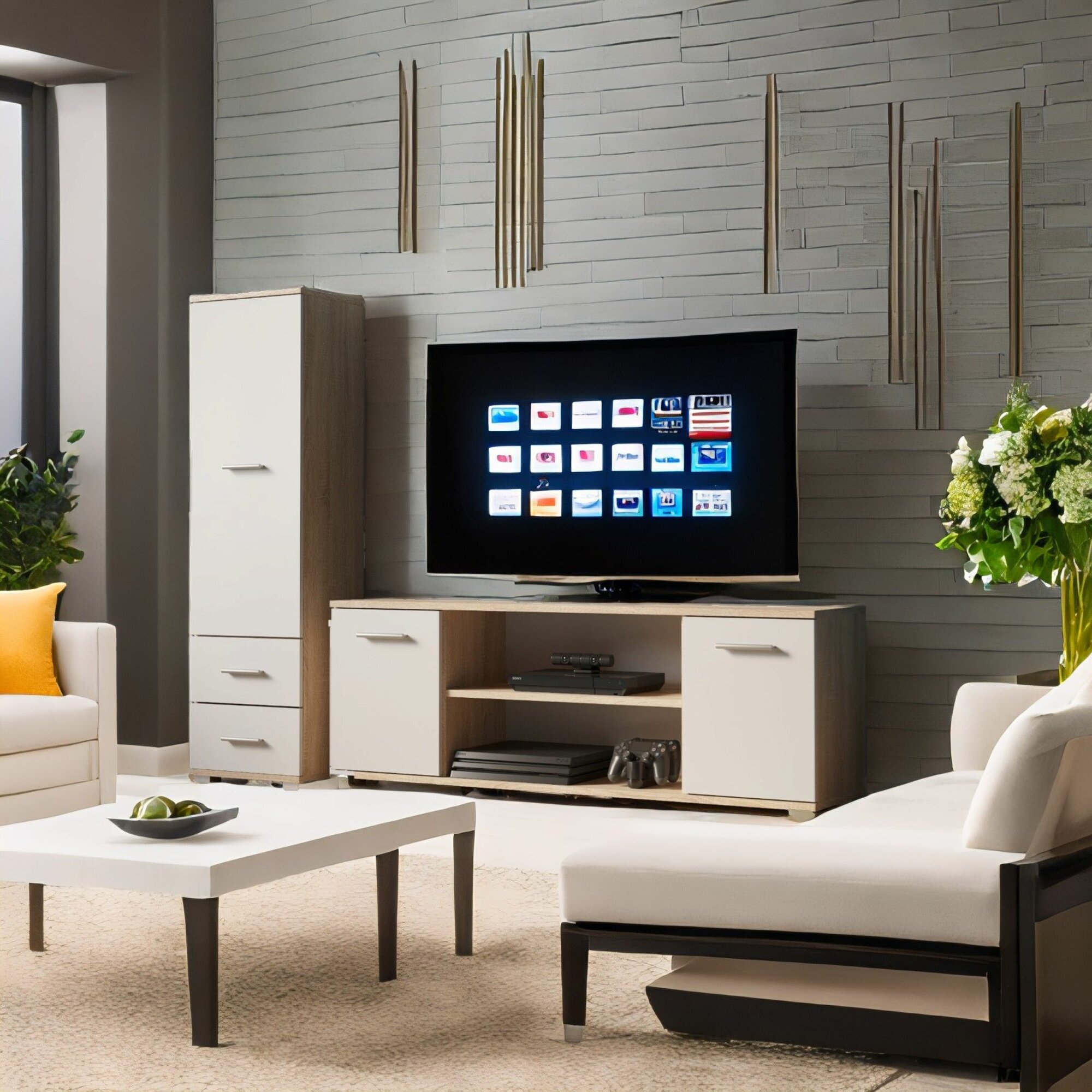 Стенка в гостинную, комплект мебели в гостиную FUN, Дуб Сонома/Белый, 170х174х34 см (ШхВхГ)