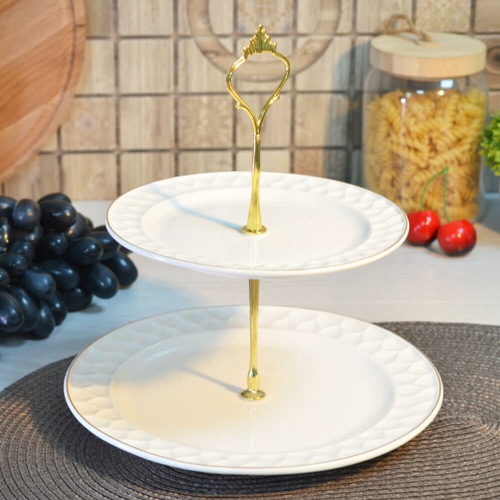 Фруктовница двухъярусная, 7+9 дюймов, белый керамический дизайн с золотой ручкой, подарочная коробка