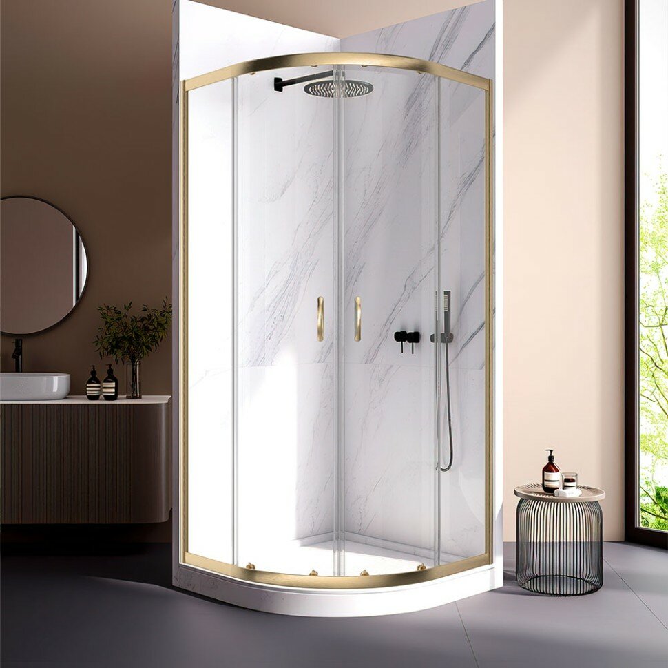 Душевой угол Veconi Rovigo RV-202G, 800x800x1900, брашированное золото, прозрачное стекло