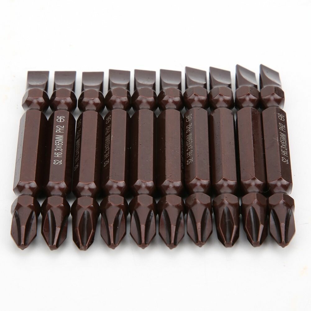 10 двухсторонних бит, магнитные S2 H6.3x65 мм, PH2/SL6, красные