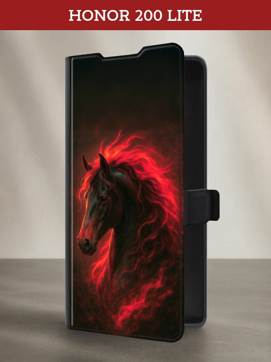 Чехол-книжка на Honor 200 Lite / Хонор 200 Лайт с принтом Конь и грива, черный