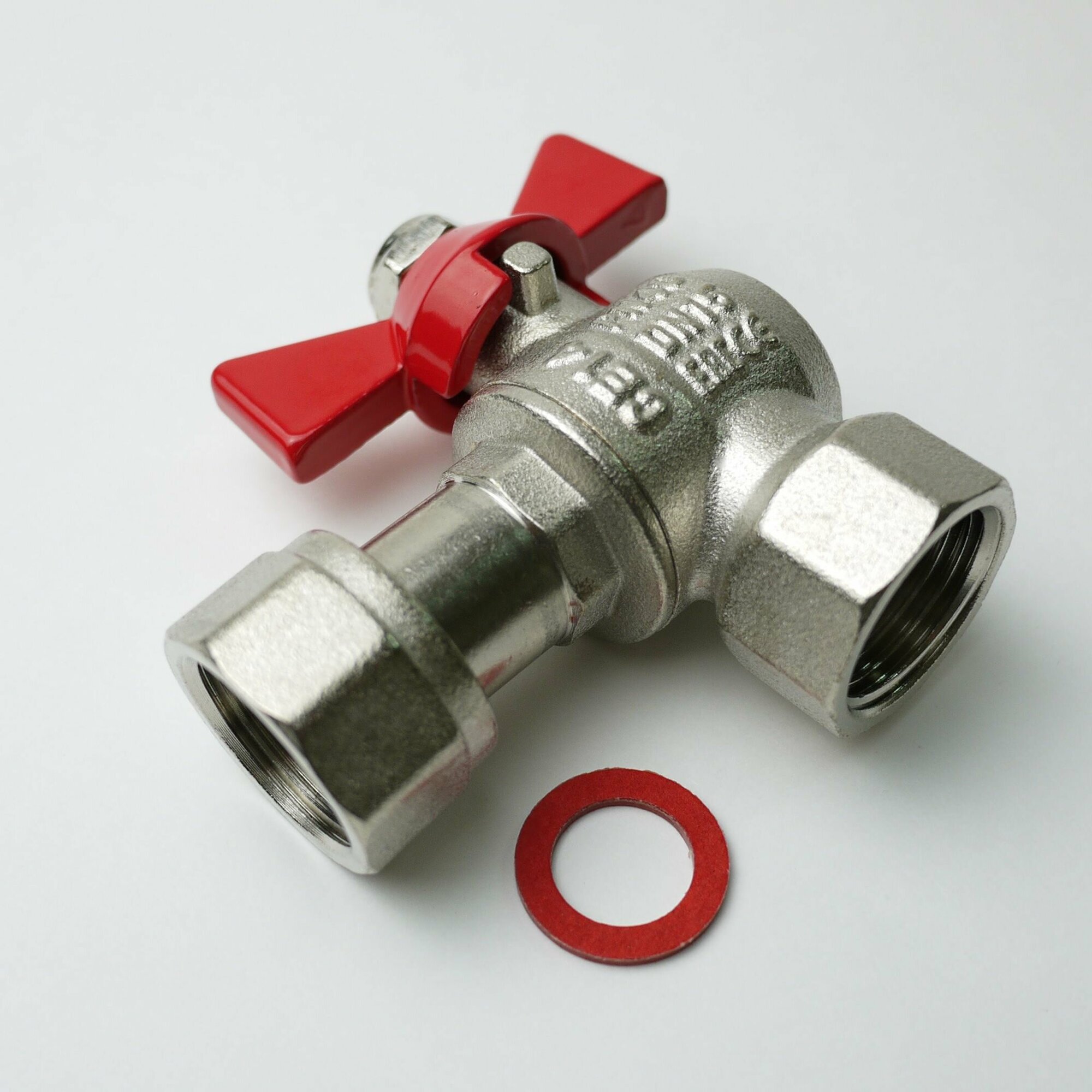 Кран с накидной гайкой шаровой угловой "TIM" резьба 1/2" внутренняя / внутренняя, бабочка (Никелированная латунь)