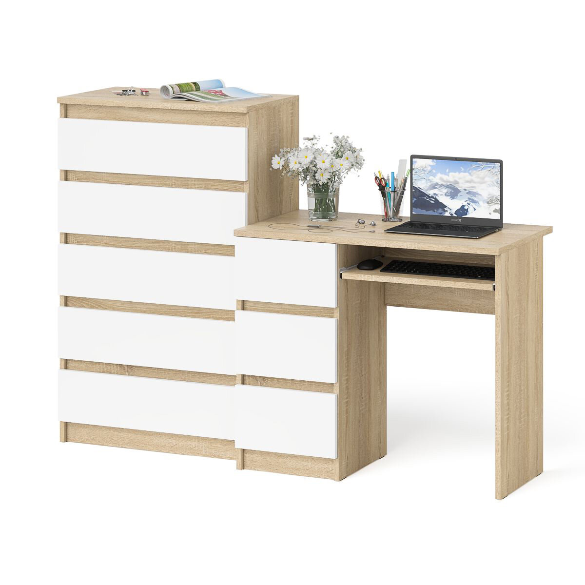 Комод высокий СВК Мори МК700 5-ть ящиков и стол компьютерный левый цвет дуб сонома/белый, 160,4х50х114 см.