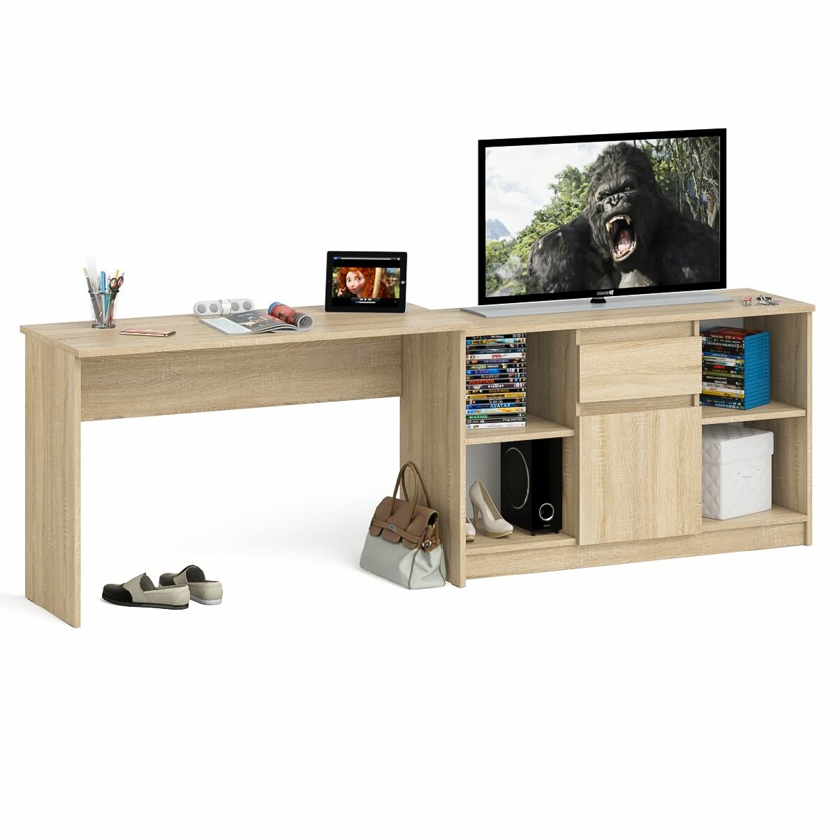 Стол письменный СВК Мори МТВ1204 и тумба высокая цвет дуб сонома, 240,8х50х76,6 см.