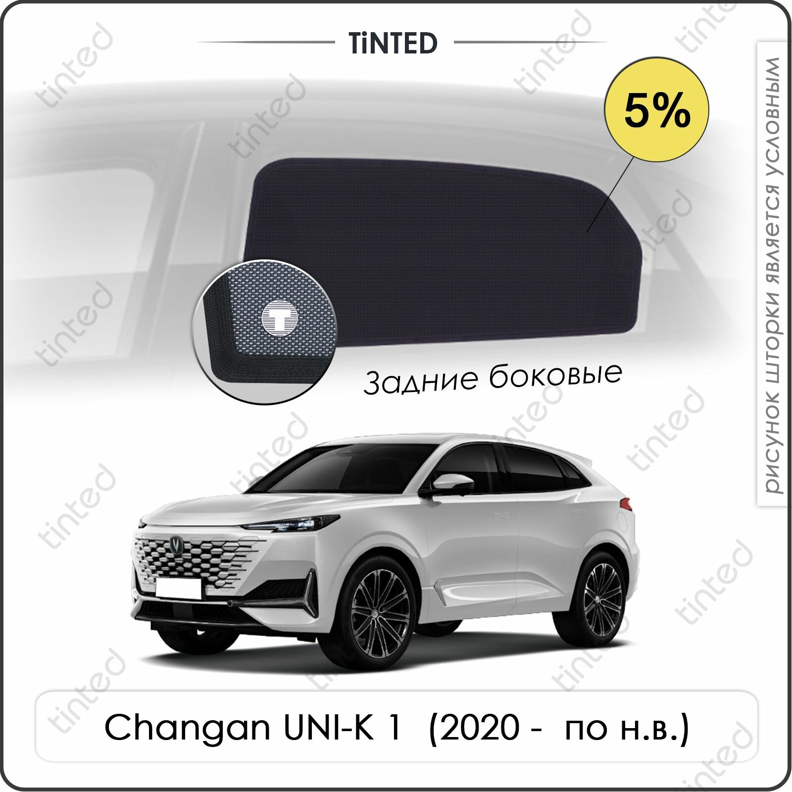 Шторки на автомобиль боковые Changan UNI-K 1 (2020 - по Н. В.) на задние двери 5%, сетки от солнца в машину Чанган Юни-К, Каркасные автошторки Tinted