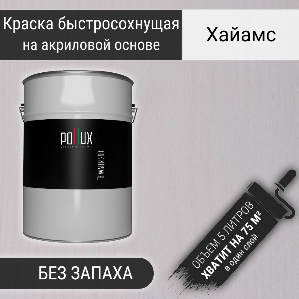 Краска для дерева акриловая водоотталлкивающая быстросохнущая моющаяся интерьерная Pollux FB Water 200 "Хайамс" для фасадов/ для наружных и внутренних работ, полуматовая, цвет белый, объем 5 литров
