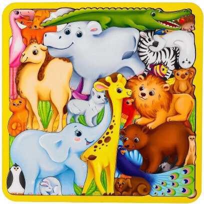 Развивающая Головоломка "Животные мира", деревянная рамка-вкладыш, пазл для малышей, развитие логики и мелкой моторики, размер 27*27 см