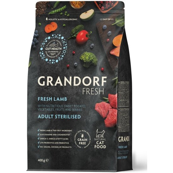 Корм сухой Grandorf Fresh , беззерновой с живыми пробиотиками, свежее мясо ягненка с бататом для стерилизованных кошек, 400 г