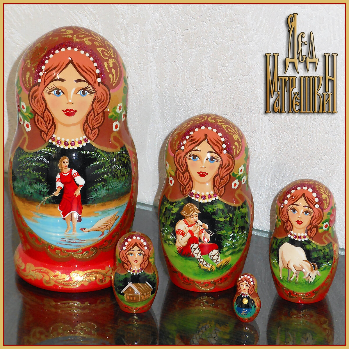 Матрешка деревянная 5-местная 15 см "Деревенские будни", модель №2, красная