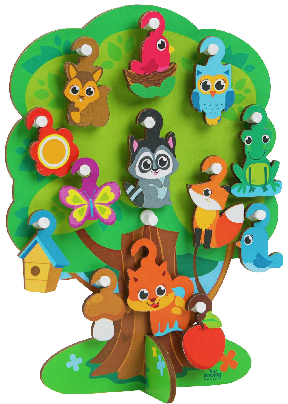 Развивающая игрушка с крючками "Лесное дерево" деревянная, с фигурками животных