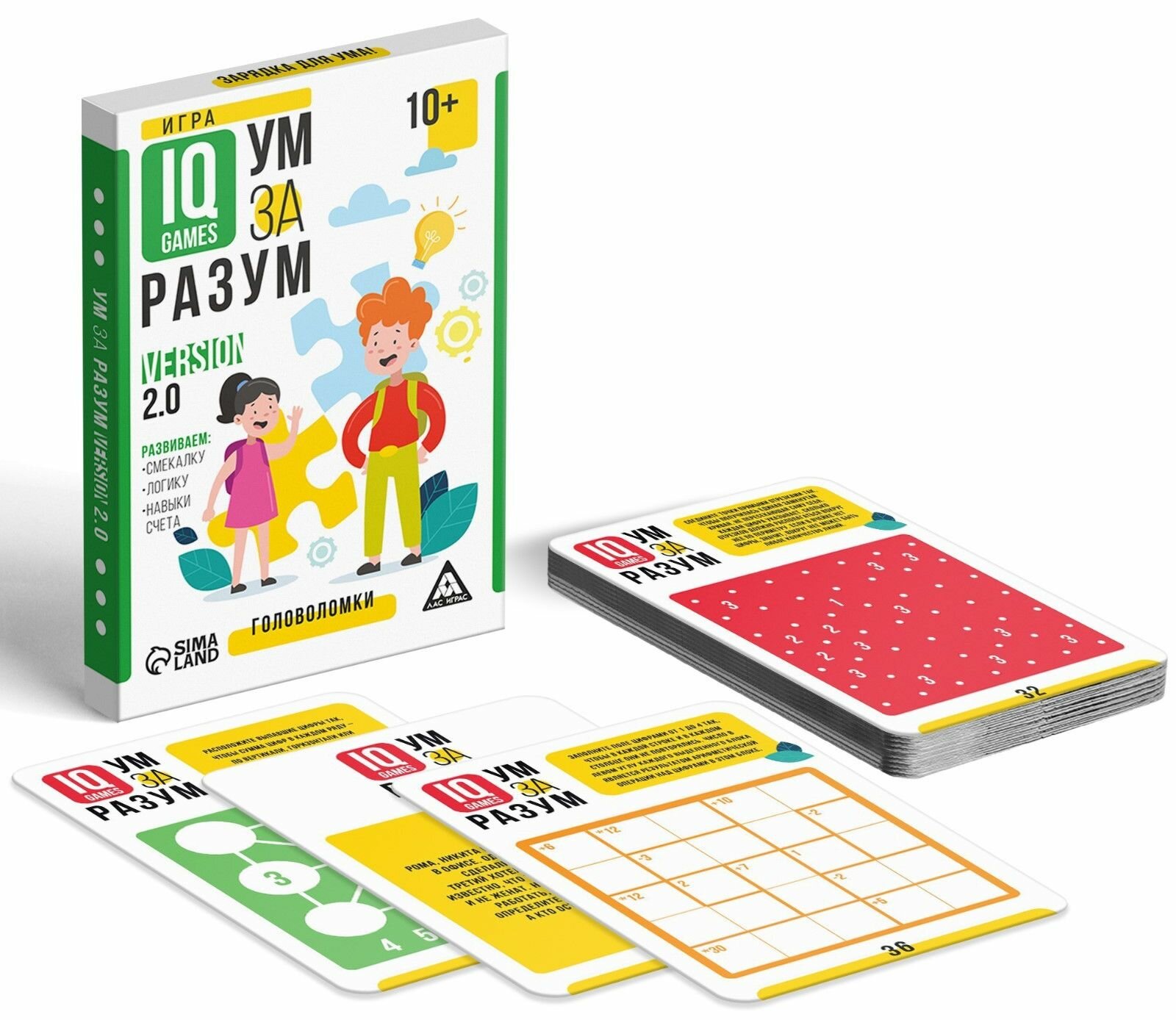 Карточная настольная IQ-игра "Ум за разум. Головоломки" version 2.0, задания на логику и навыки счета, 20 карточек